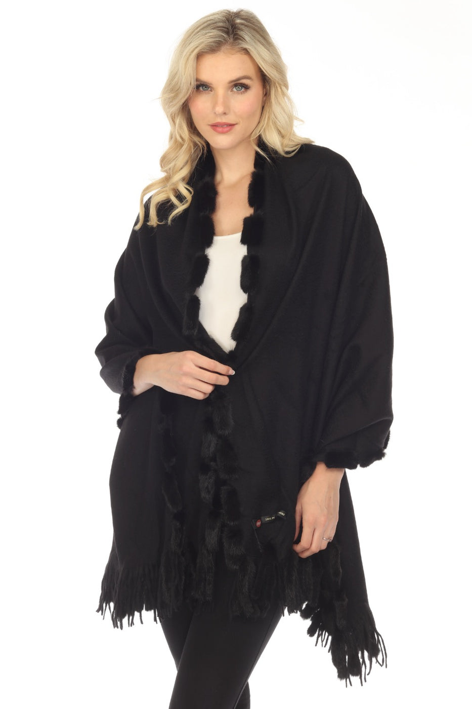 Belle Fare Black 100% Cashmere with Mink Trim and Fringe Wrap Shawl MS ...