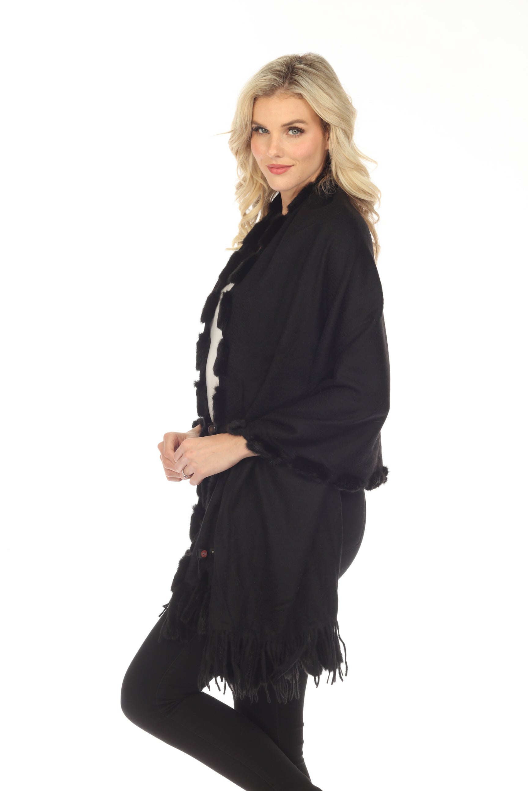 Belle Fare Black 100% Cashmere with Mink Trim and Fringe Wrap Shawl MS ...