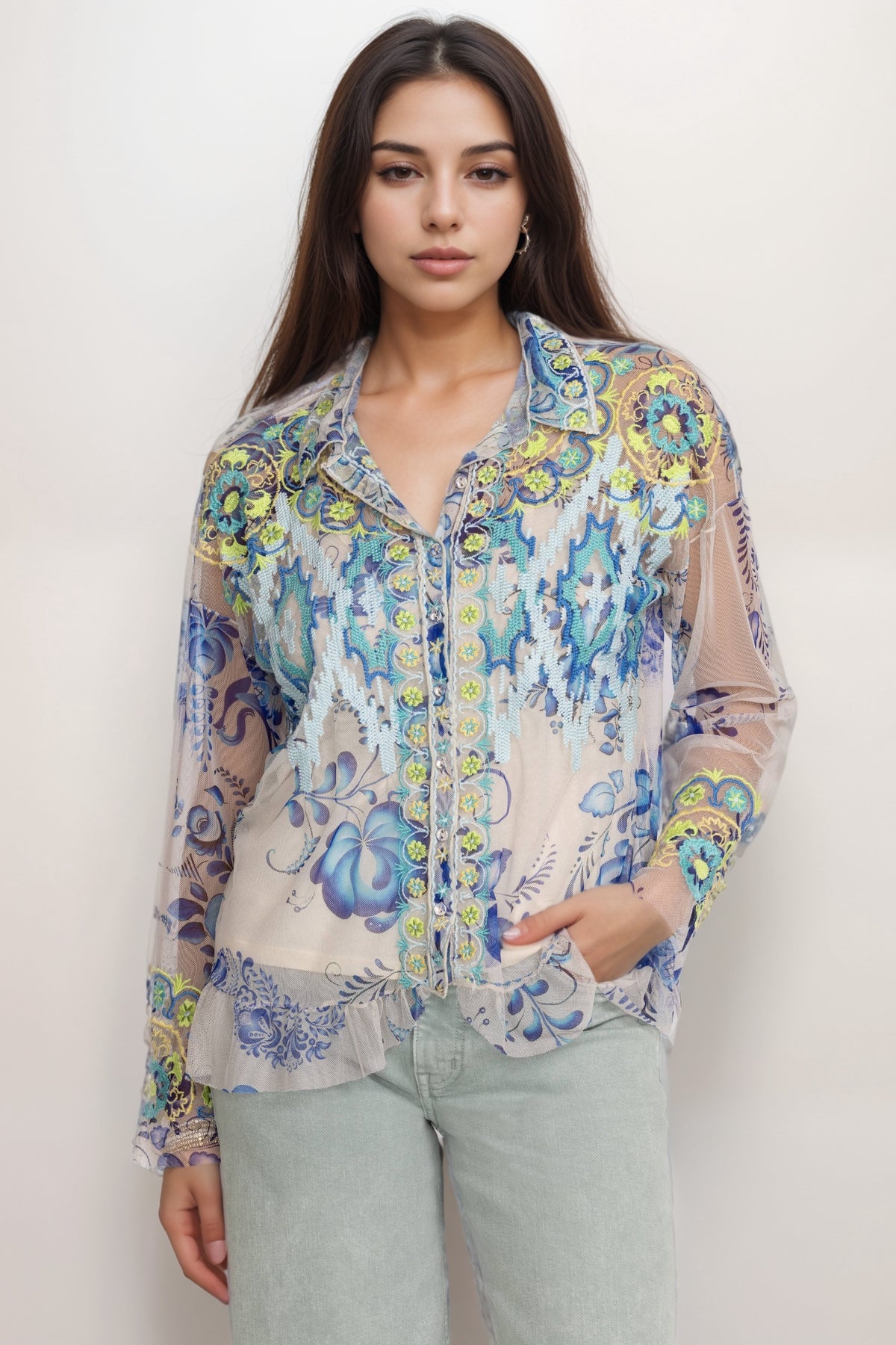 Women's Biya Mazzy Button Down Ruffle Mesh Blouse B14524 | Johnny Was ...