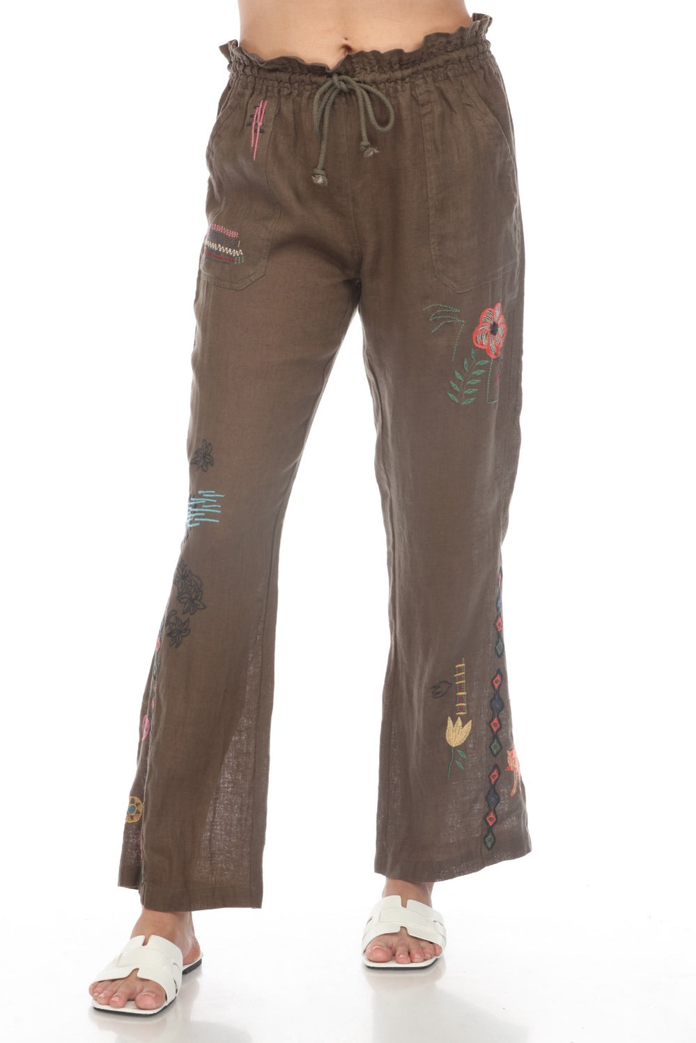 Johnny Was Biya Simmie Linen Embroidered Drawstring Pull On Pants Boho ...
