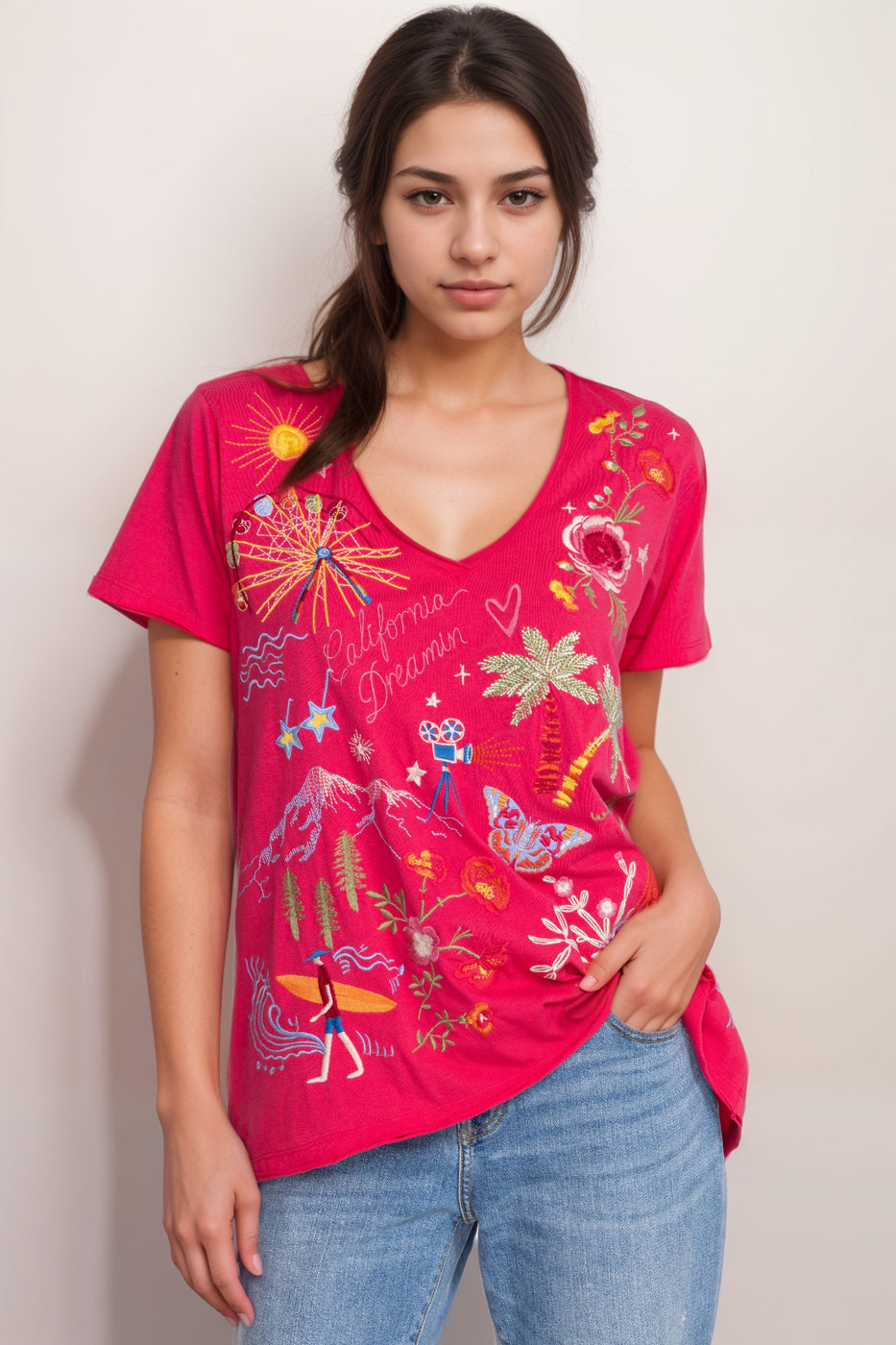 Johnny Was California Everyday Tee – Pink Cotton Embroidered V-Neck ...