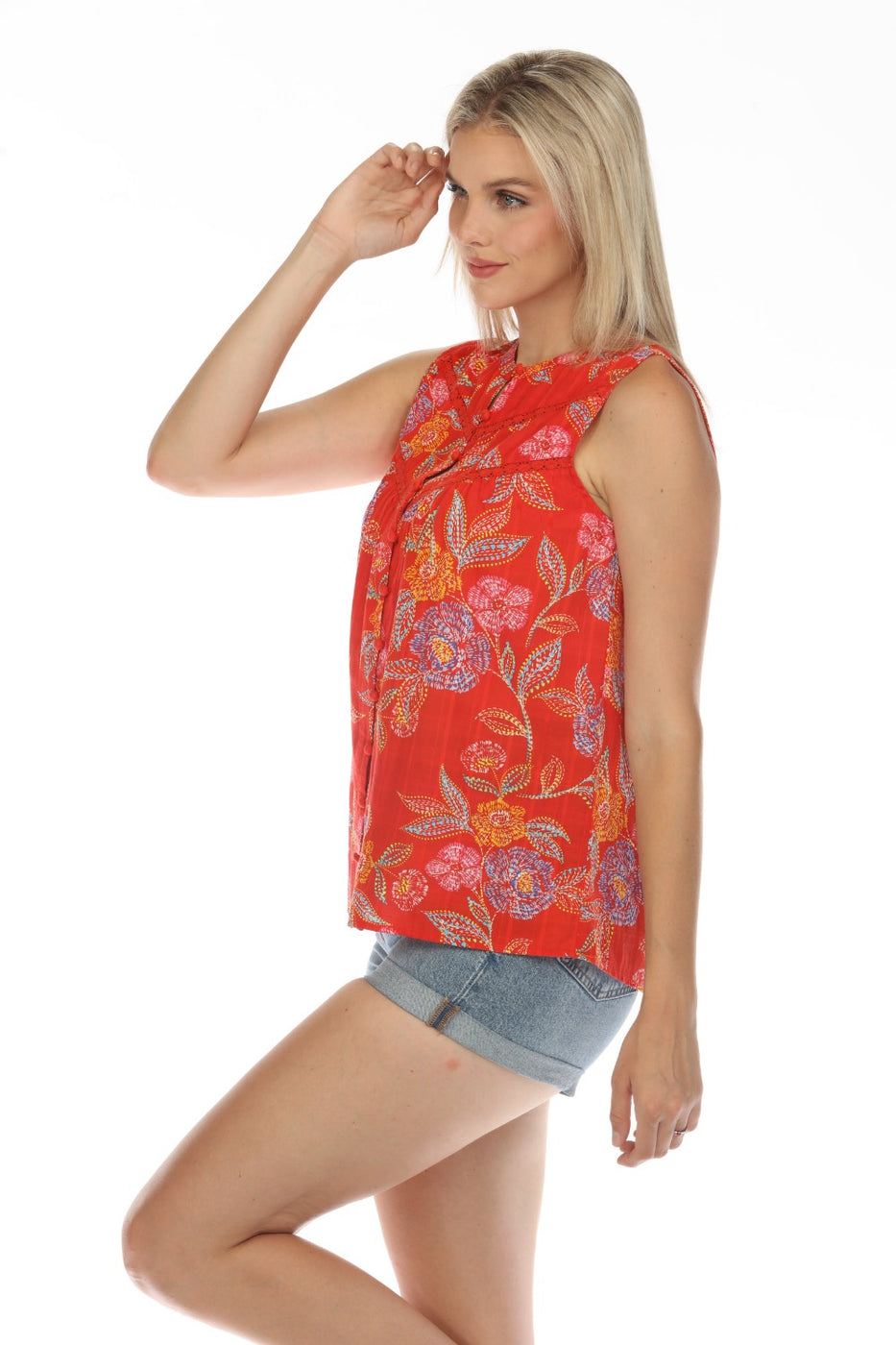 Women's Red Mandarin Collar Tank Top R11524-4 | Johnny Was Calme ...