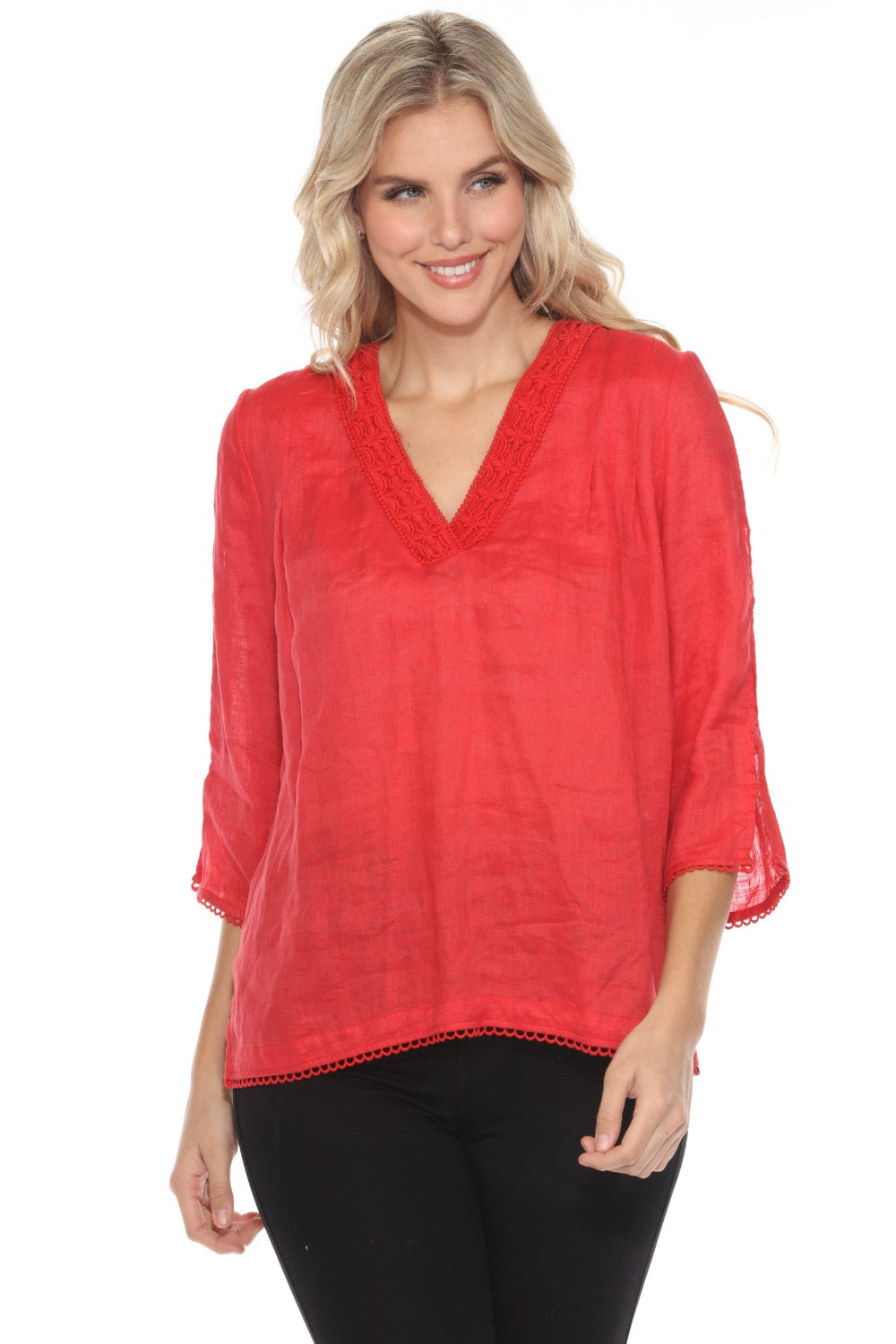 Red Split V-Neck Top with Embroidery | Johnny Was — AfterRetail