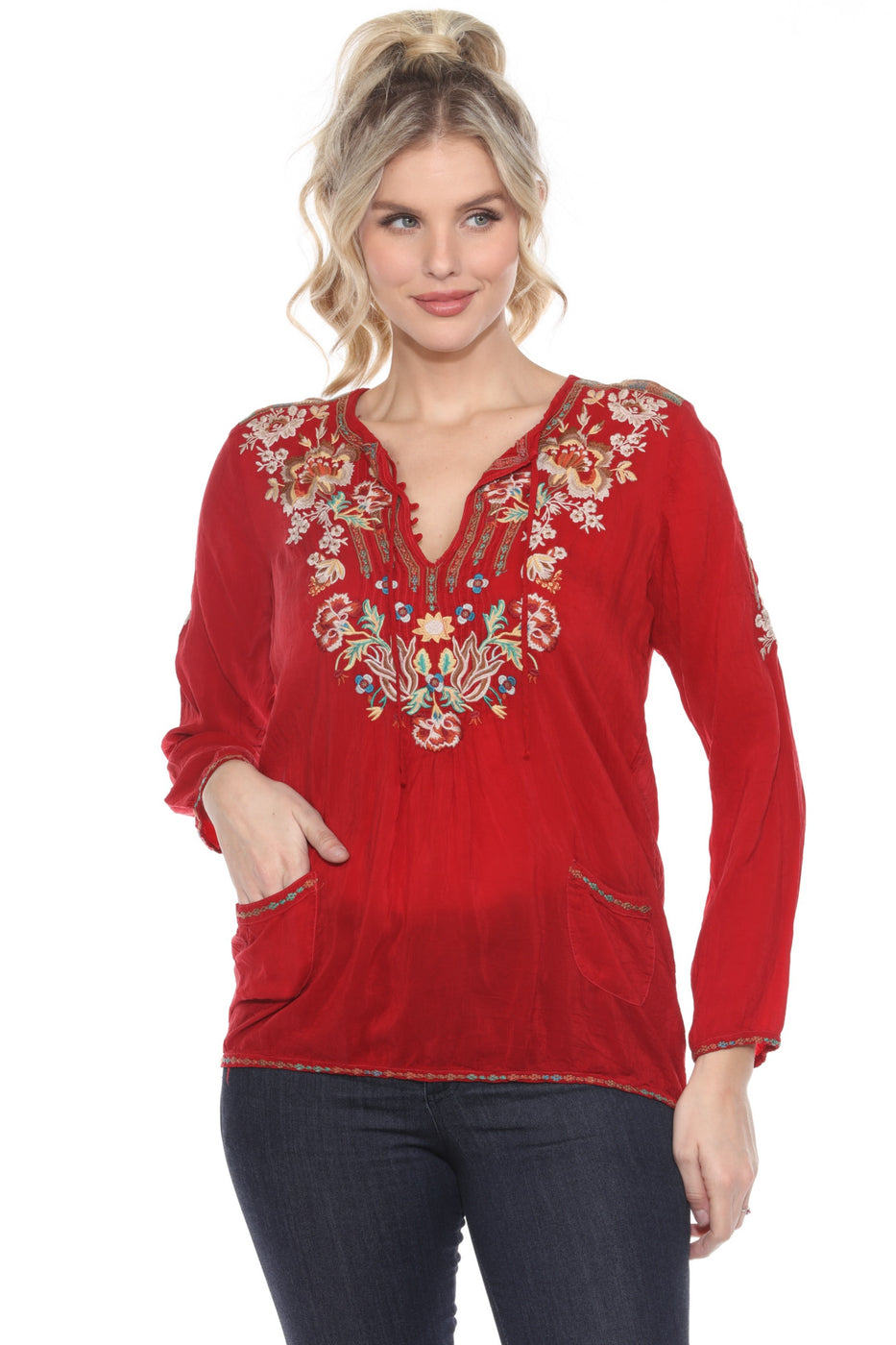Women's Red Carnation Embroidered Tunic Top JW24002 | Johnny Was ...