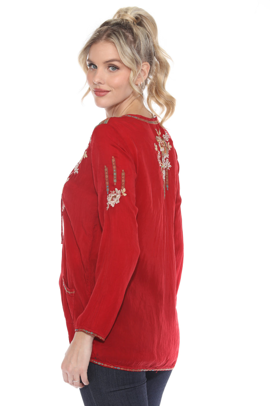 Women's Red Carnation Embroidered Tunic Top JW24002 | Johnny Was ...