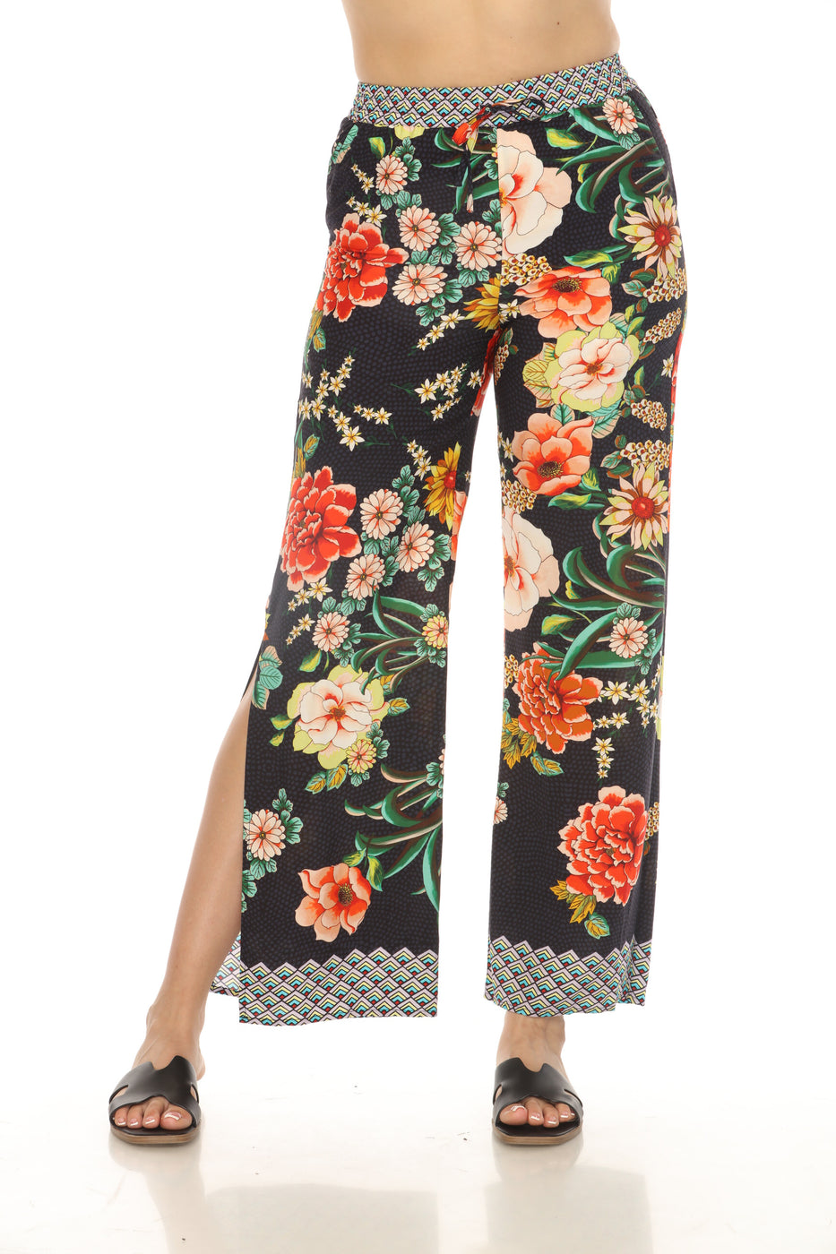 Black Floral Split Pants with Elastic Waist | Johnny Was — AfterRetail