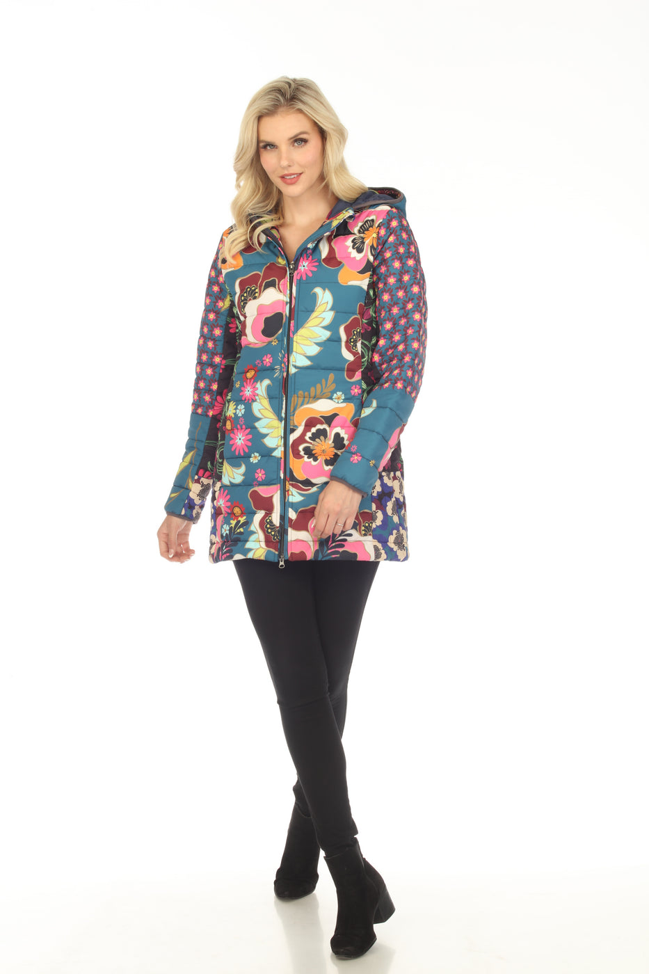 Johnny Was Hazel Mixed Print Zip Front Hooded Puffer Jacket Boho Chic ...