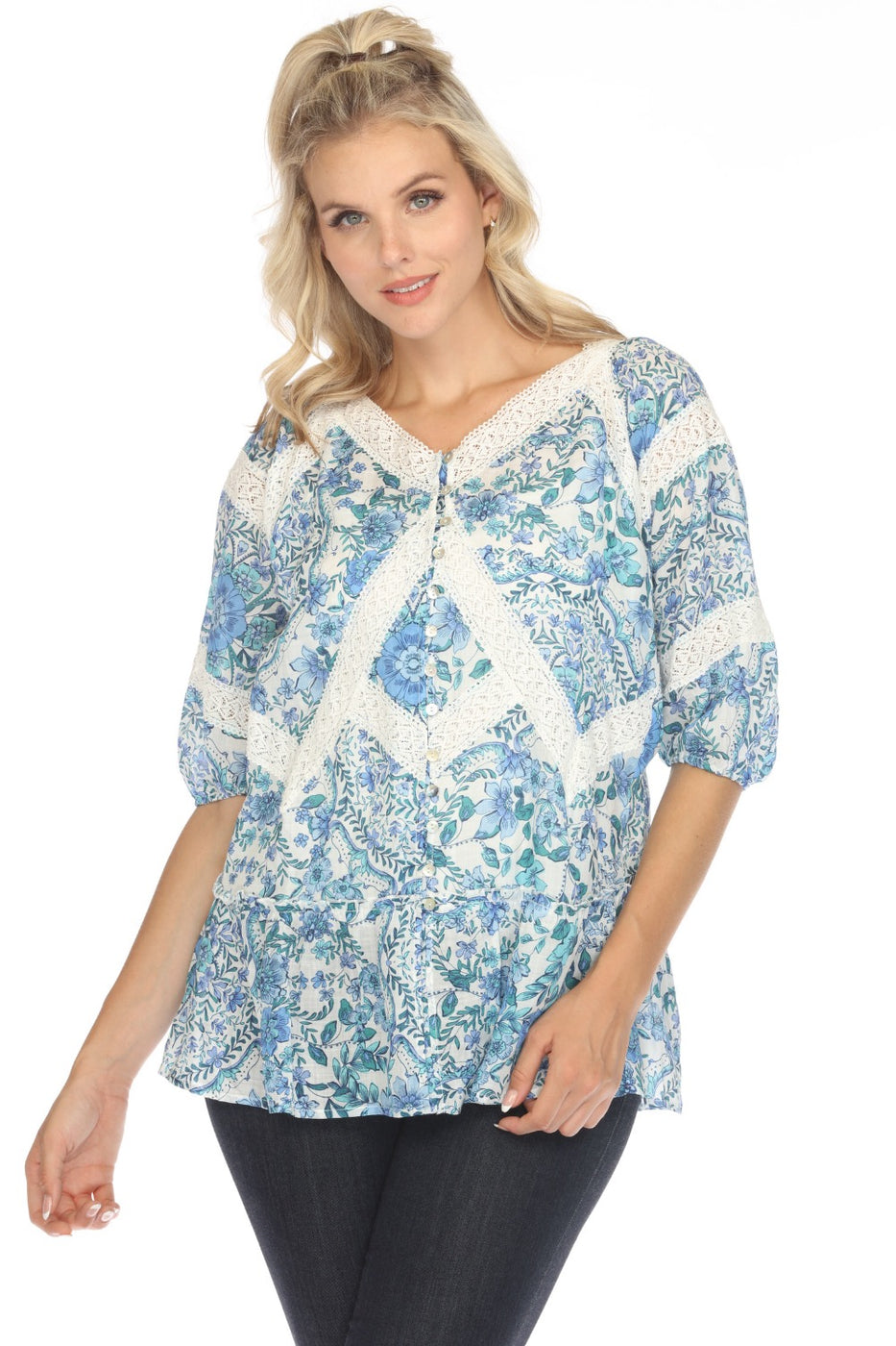 Floral Linen Peasant Blouse with Lace Inserts | Johnny Was — AfterRetail