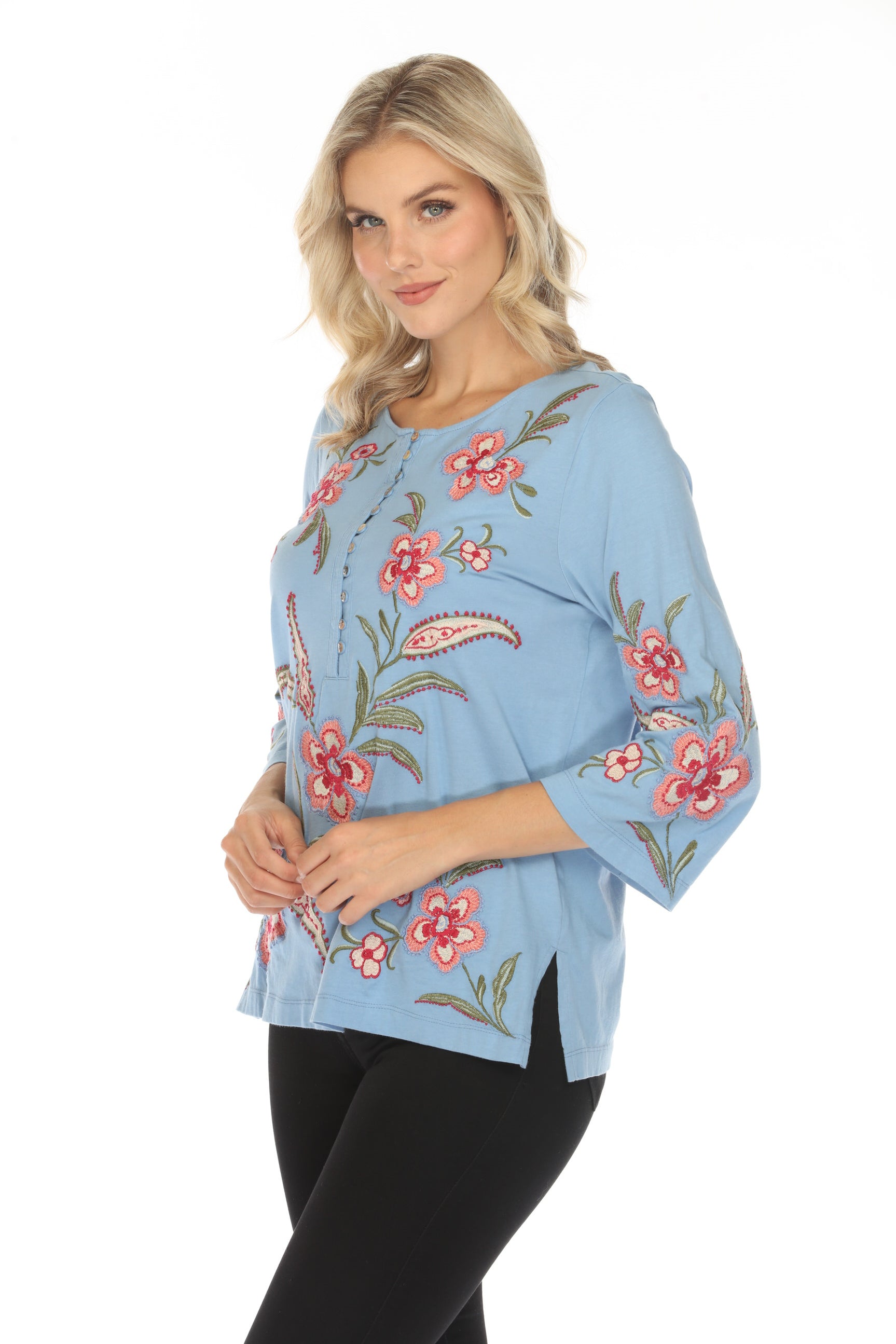 Libbi 3/4 Sleeve Button Front Tee | Johnny Was — AfterRetail