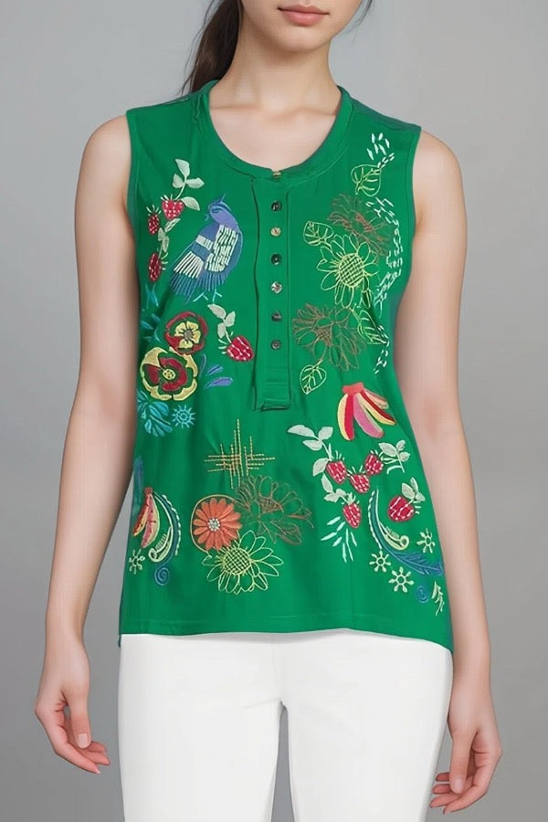 Johnny Was Cora Raw Detail Henley Tank – Embroidered Cotton Top ...