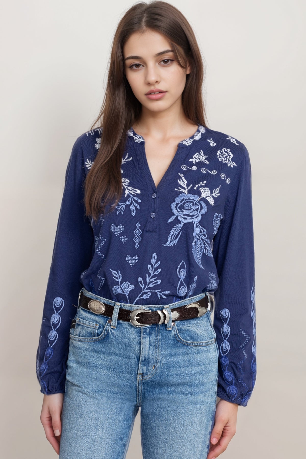 Bishop Sleeve Henley Embroidered Tee | Johnny Was — AfterRetail