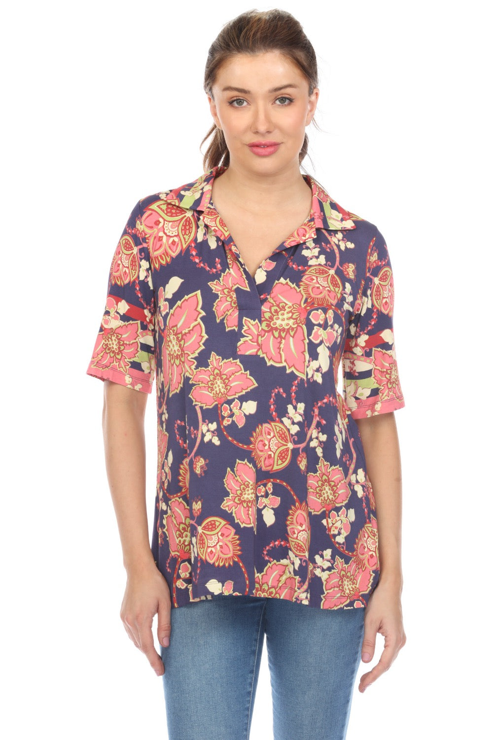 Floral Print Boho Chic Montreux Polo Swing Tee | Johnny Was — AfterRetail