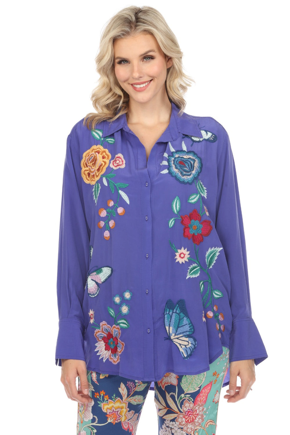 Dark Indigo Taymia Relaxed Silk Shirt | Johnny Was — AfterRetail