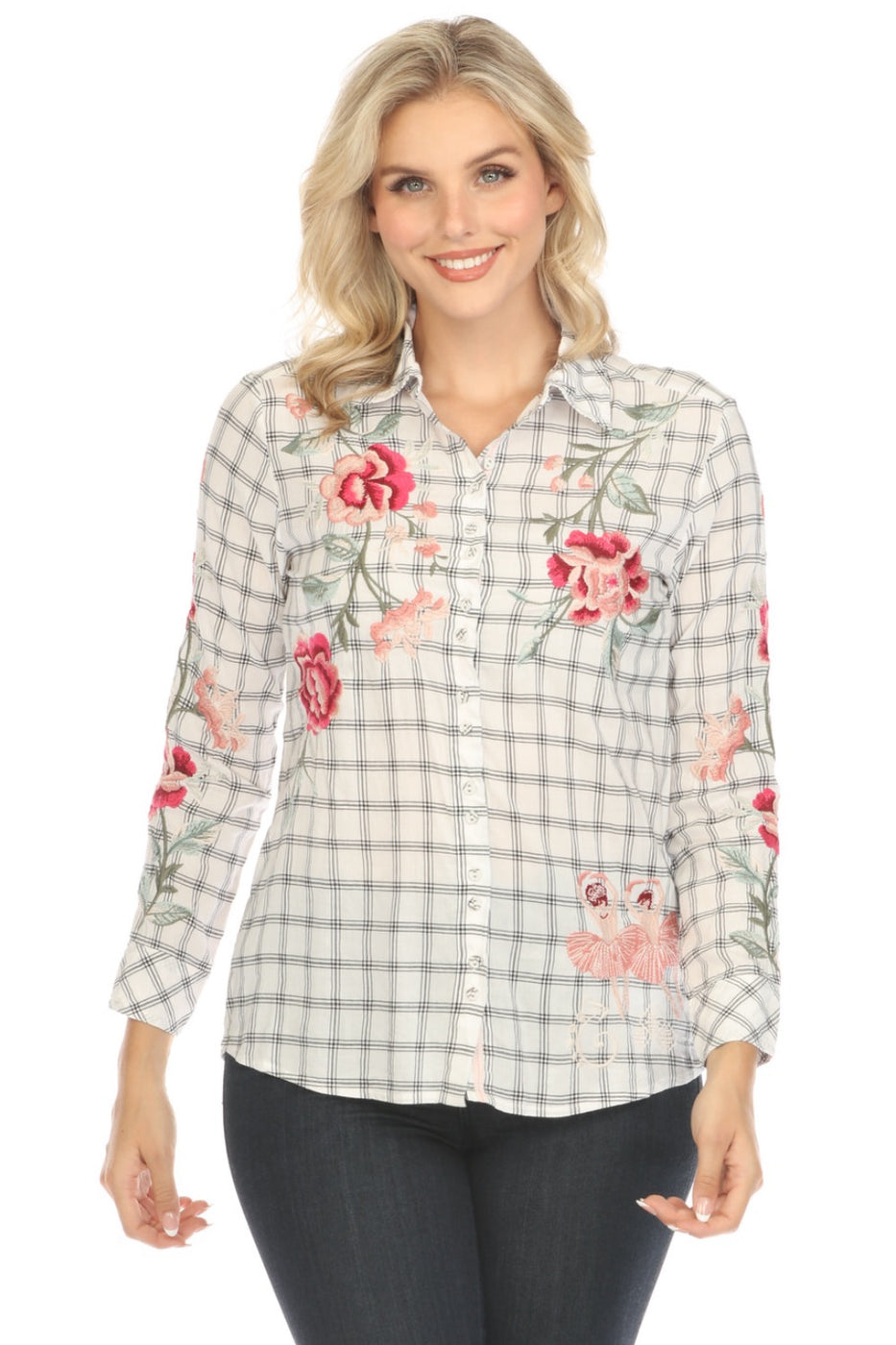 Plaid Double Button Shirt with Floral Embroidery | Johnny Was — AfterRetail