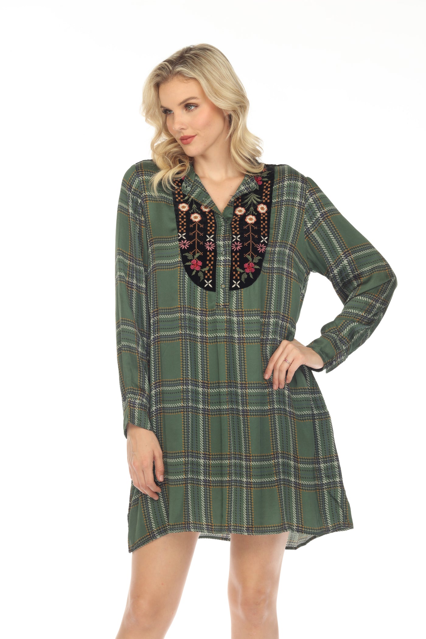 Viviana Tuxedo Yoke Embroidered Tunic Dress | Johnny Was — AfterRetail