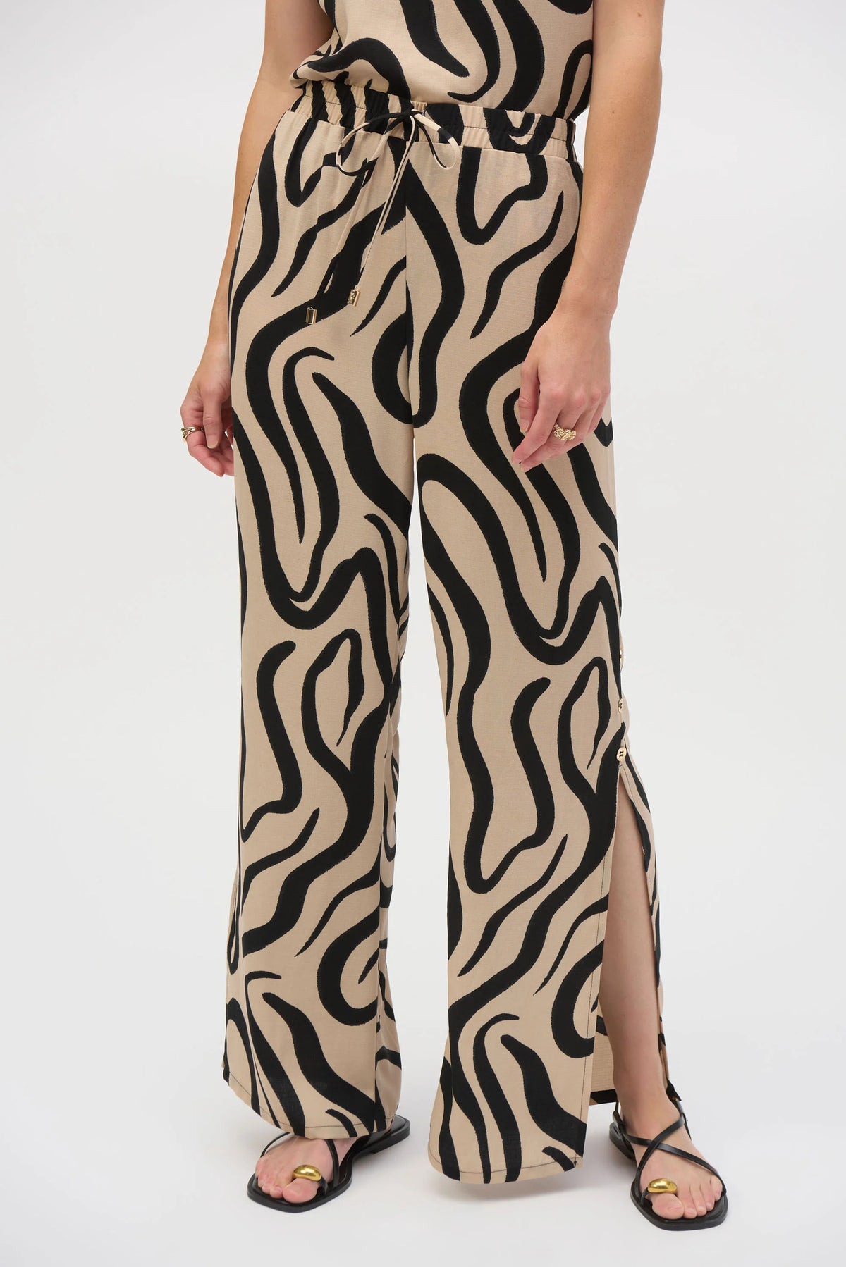 Joseph Ribkoff Beige/Black Abstract Side Slit Wide Leg Pants 252178 ...