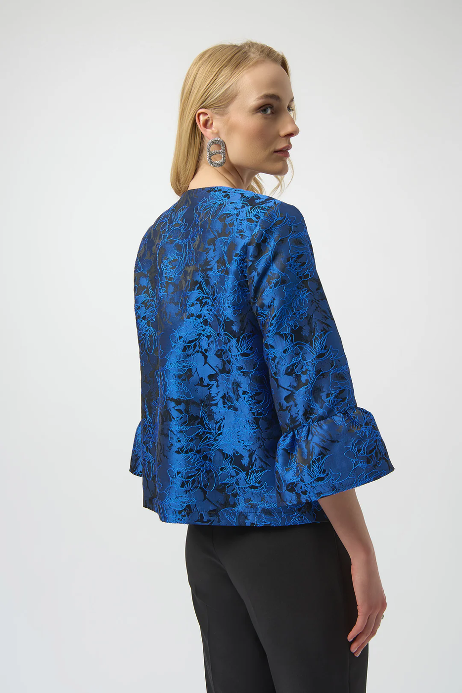 Joseph Ribkoff Black/Blue Floral Print 3/4 Sleeves Trapeze Jacket 2540 ...