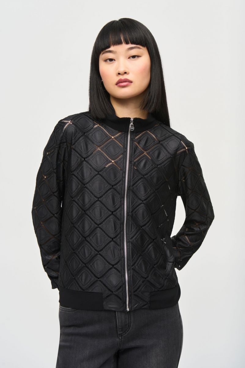 Black Ladder Lace Trim Bomber Jacket | Joseph Ribkoff — AfterRetail
