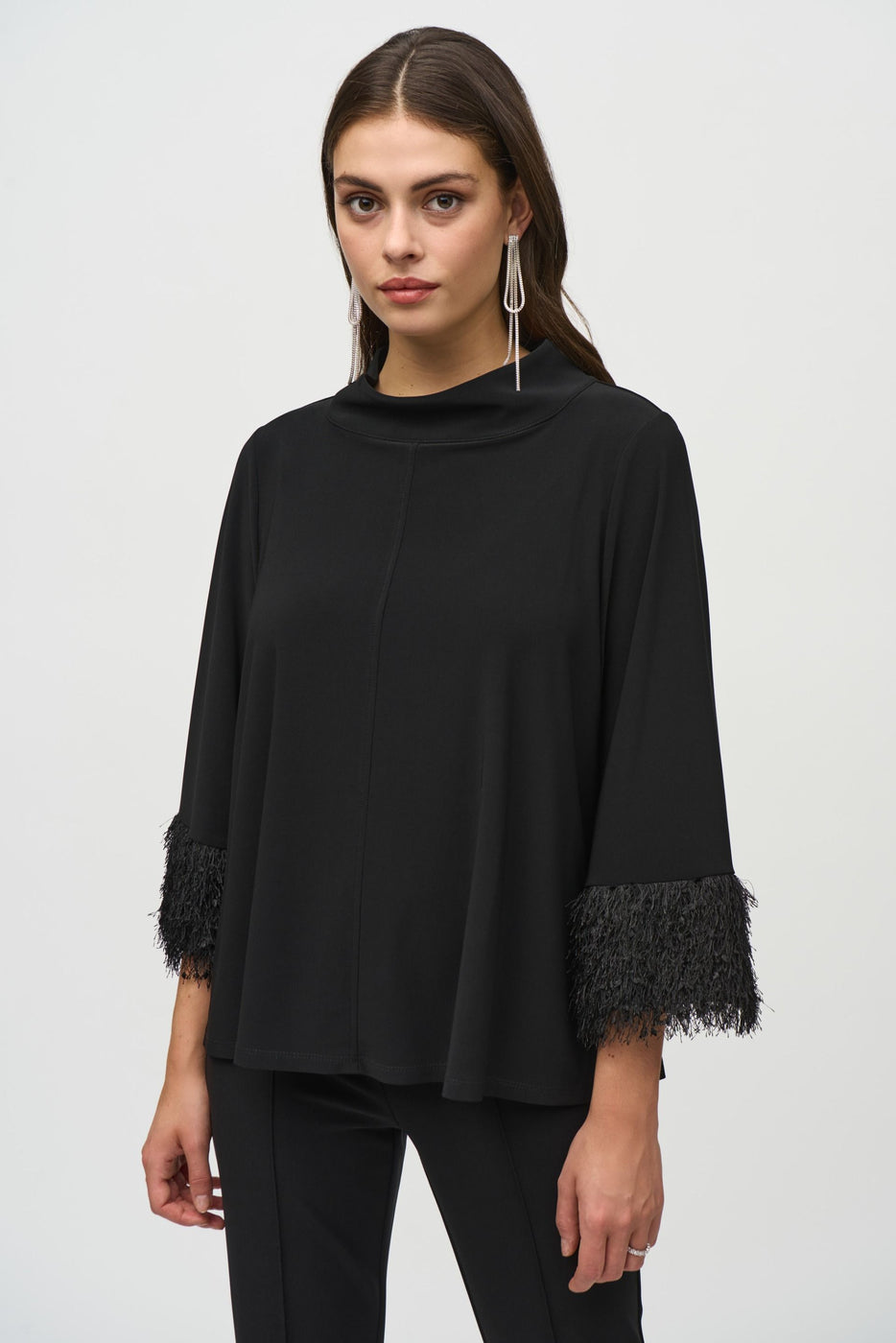 Joseph Ribkoff Black Fringe Cuffs Mock Neck Boxy Top 244195 — AfterRetail