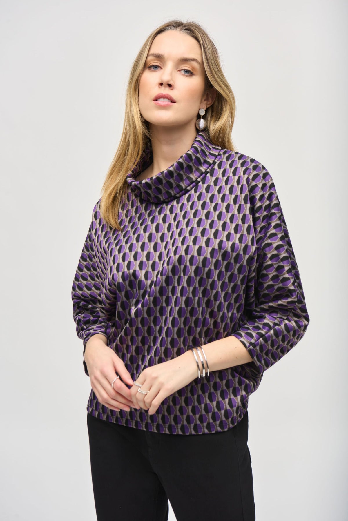 Joseph Ribkoff Black/Multi Geometric Jacquard Cowl Neck Top 243281 — AfterRetail