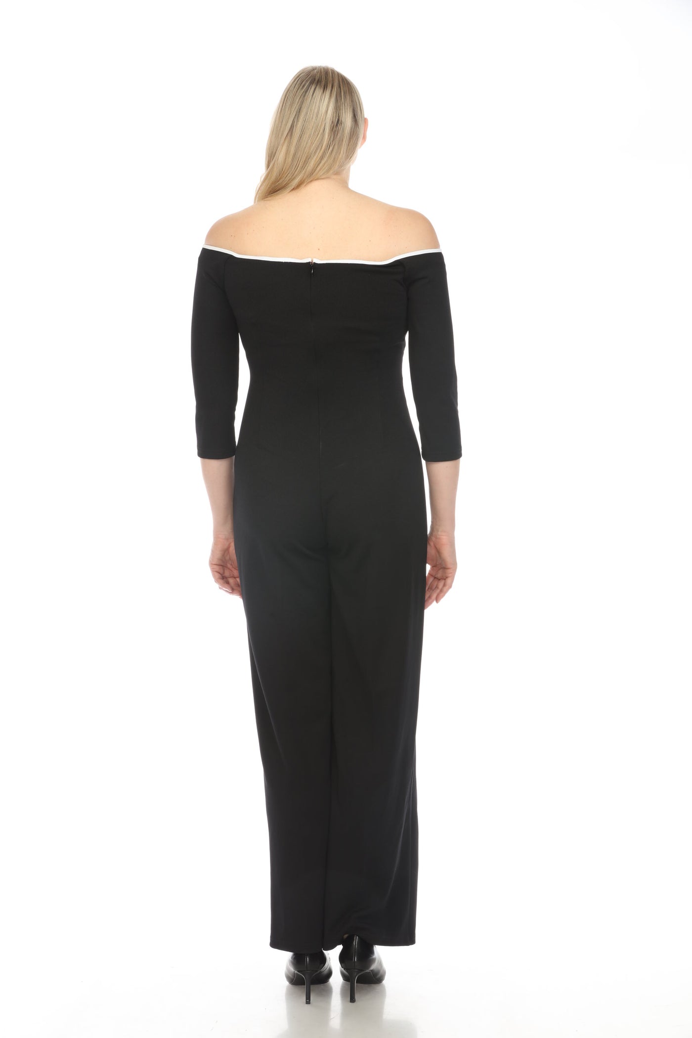 Joseph Ribkoff Black/Off-White Contrast Trim Off-Shoulder Wide Leg Jum ...