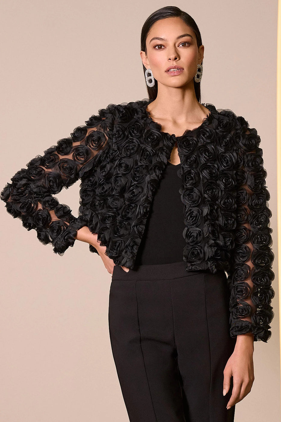 Joseph Ribkoff Black Bolero Jacket with 3D Woven Roses for Women ...