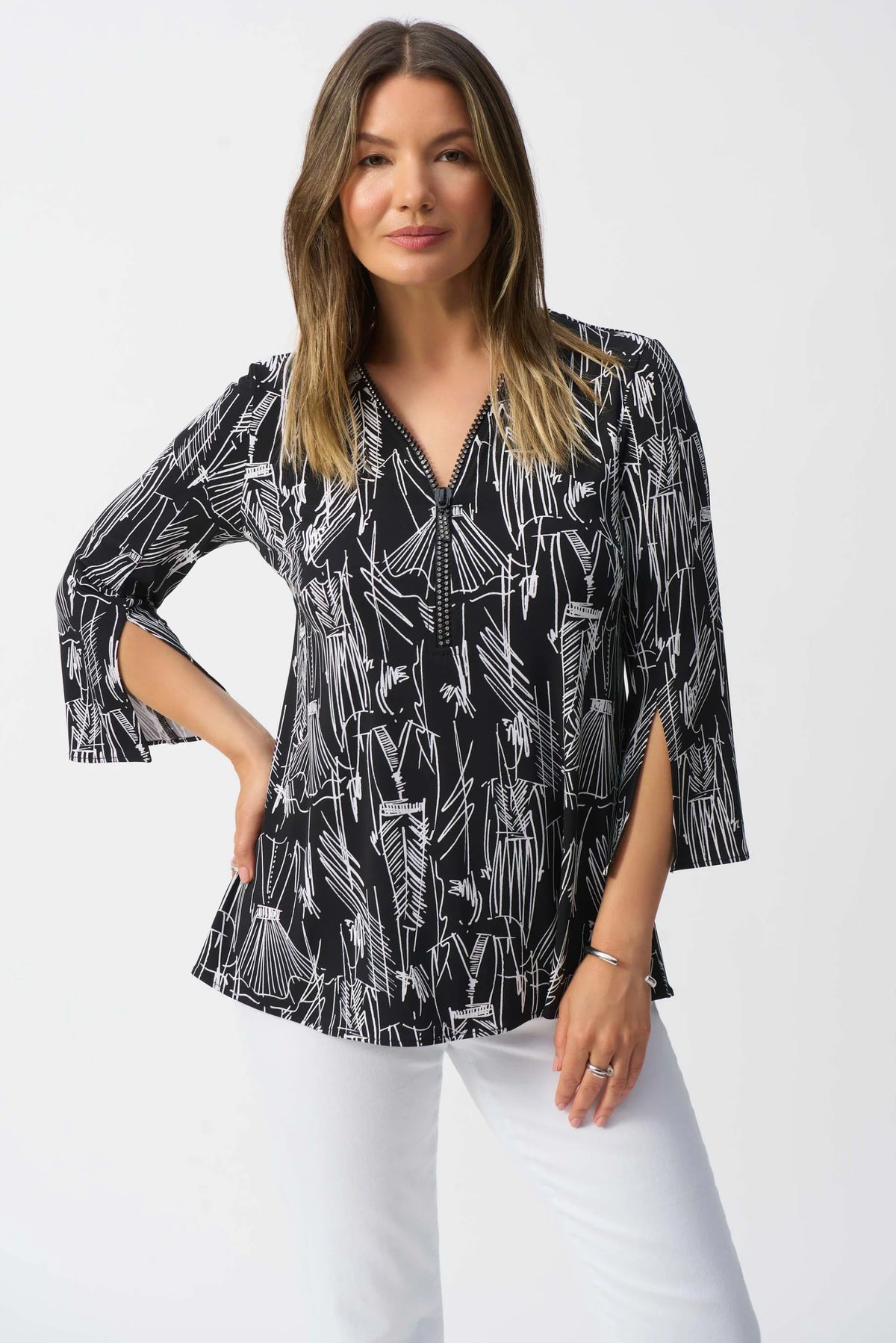 Joseph Ribkoff Black/Vanilla Sketch Print Zip Front Tunic Top 251181 ...