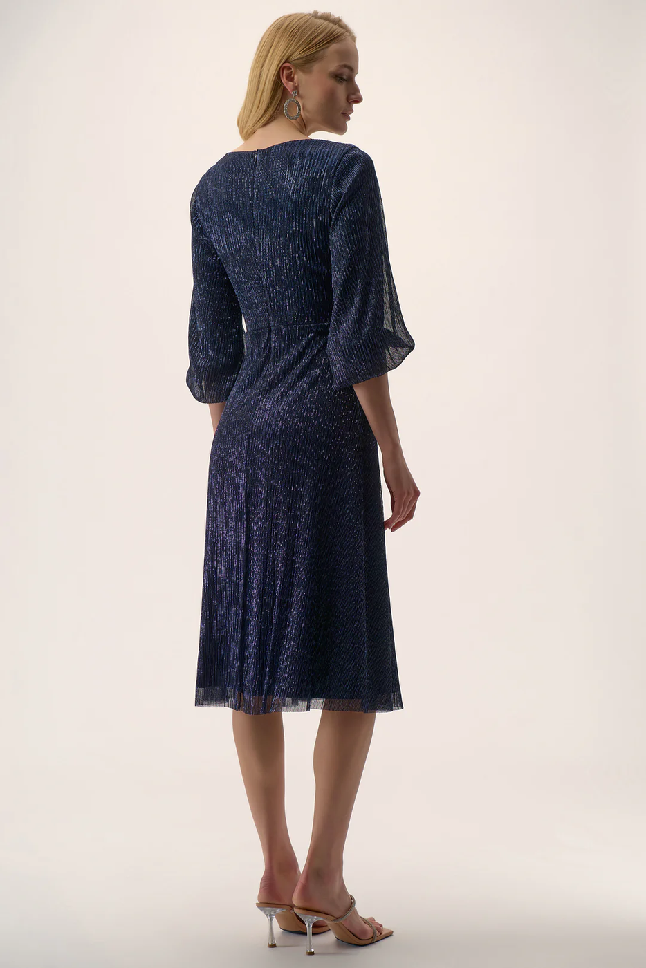 Joseph Ribkoff Navy Sparkle Mesh 3/4 Puff Sleeve Fit and Flare Dress 2 ...