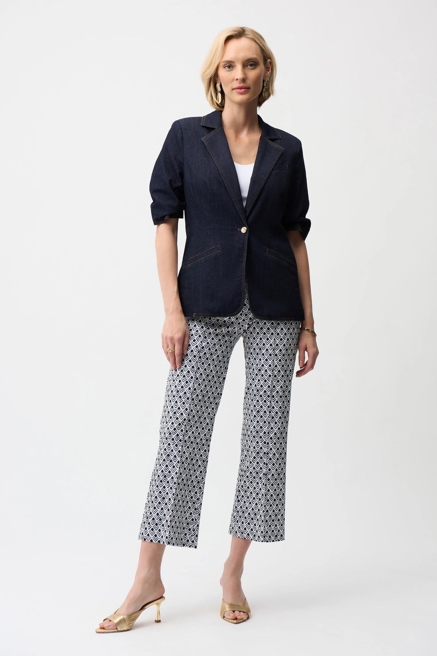 Joseph Ribkoff Vanilla/Midnight Blue Geometric Flared Crop Pant 261083 ...