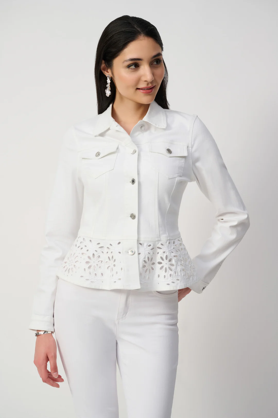 Joseph Ribkoff White Denim Embroidered Peplum Jacket 251964 — AfterRetail