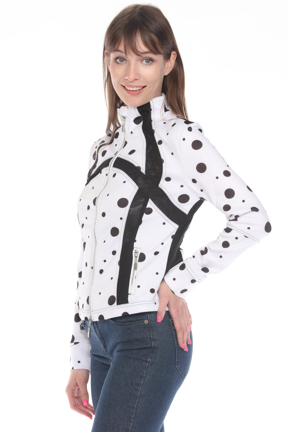 OO LA LA White/Black Polka Dot Zip Front Scuba Mesh Moto Jacket M8055 ...