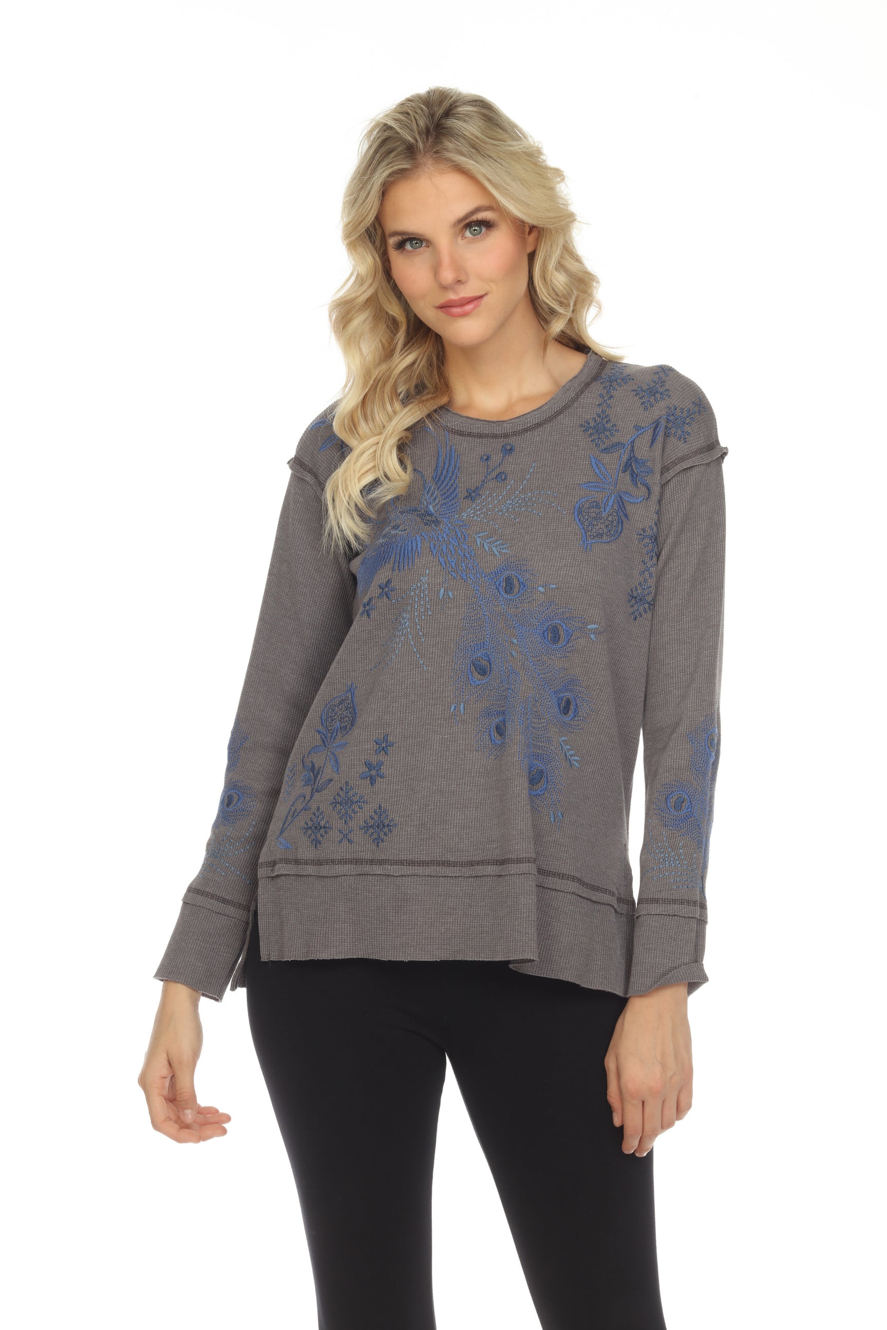 Boho Chic Oversized Thermal Sweatshirt with Peacock Embroidery | Johnny ...