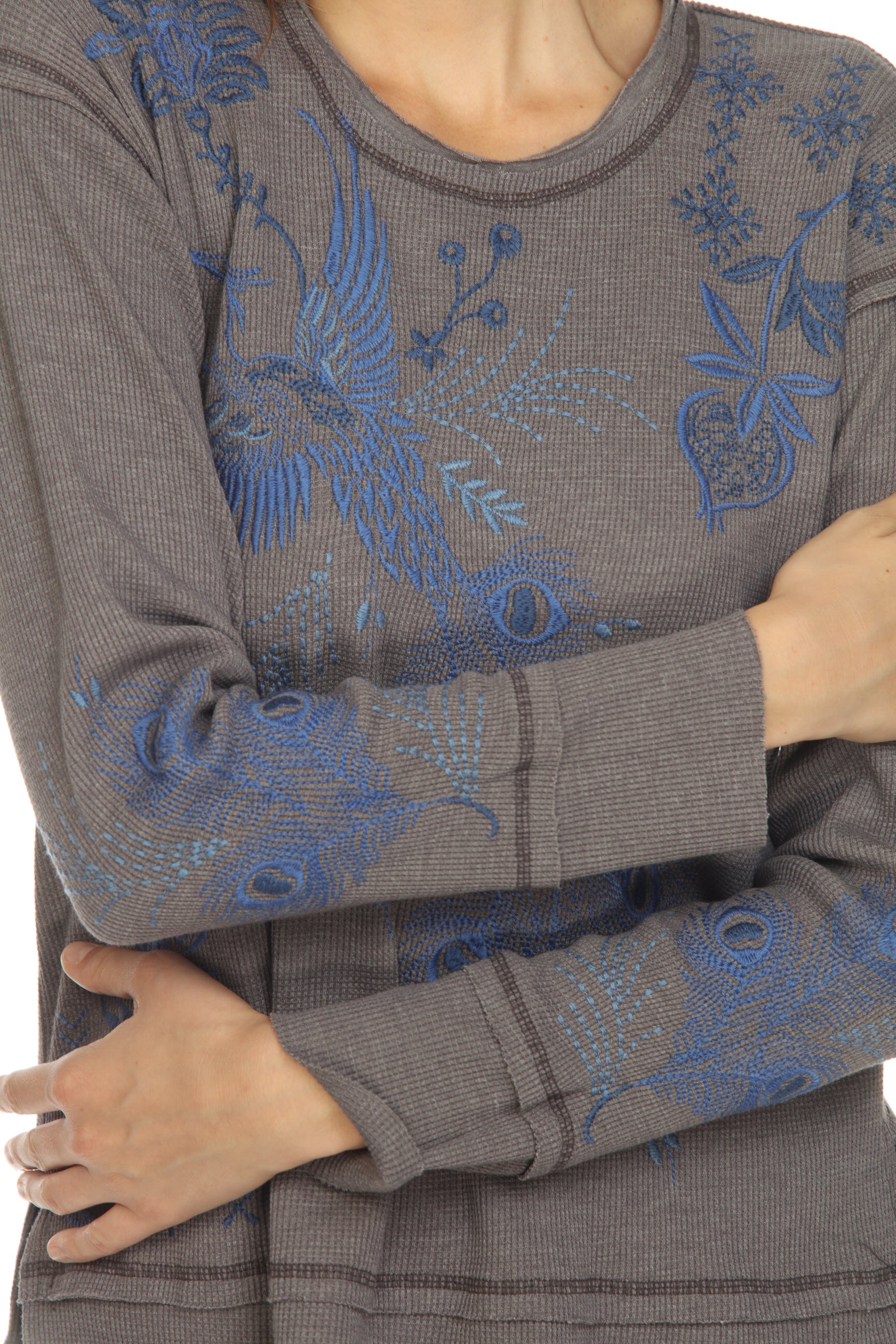 Boho Chic Oversized Thermal Sweatshirt with Peacock Embroidery | Johnny ...